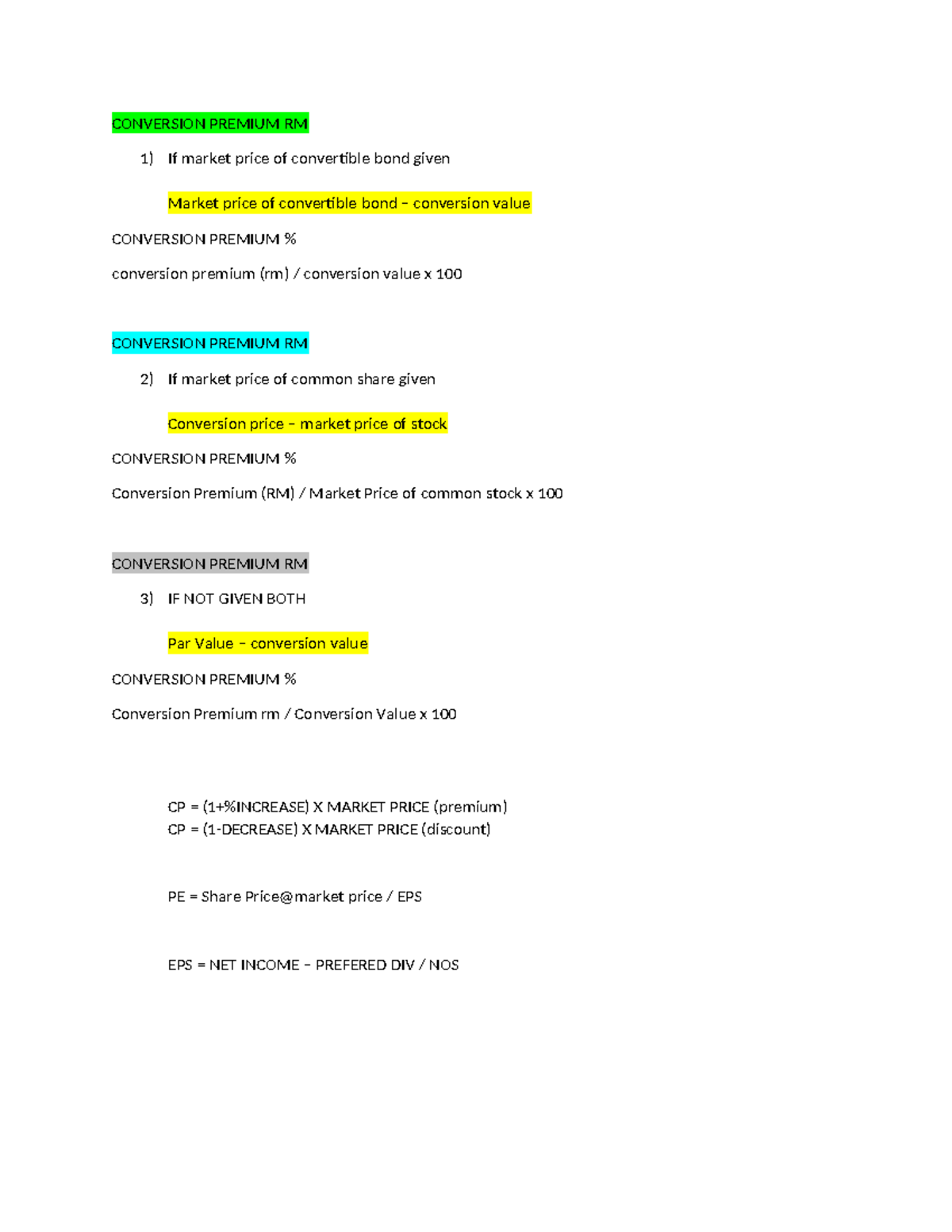 Conversion Premium Calculations - FIN358 Notes - Studocu