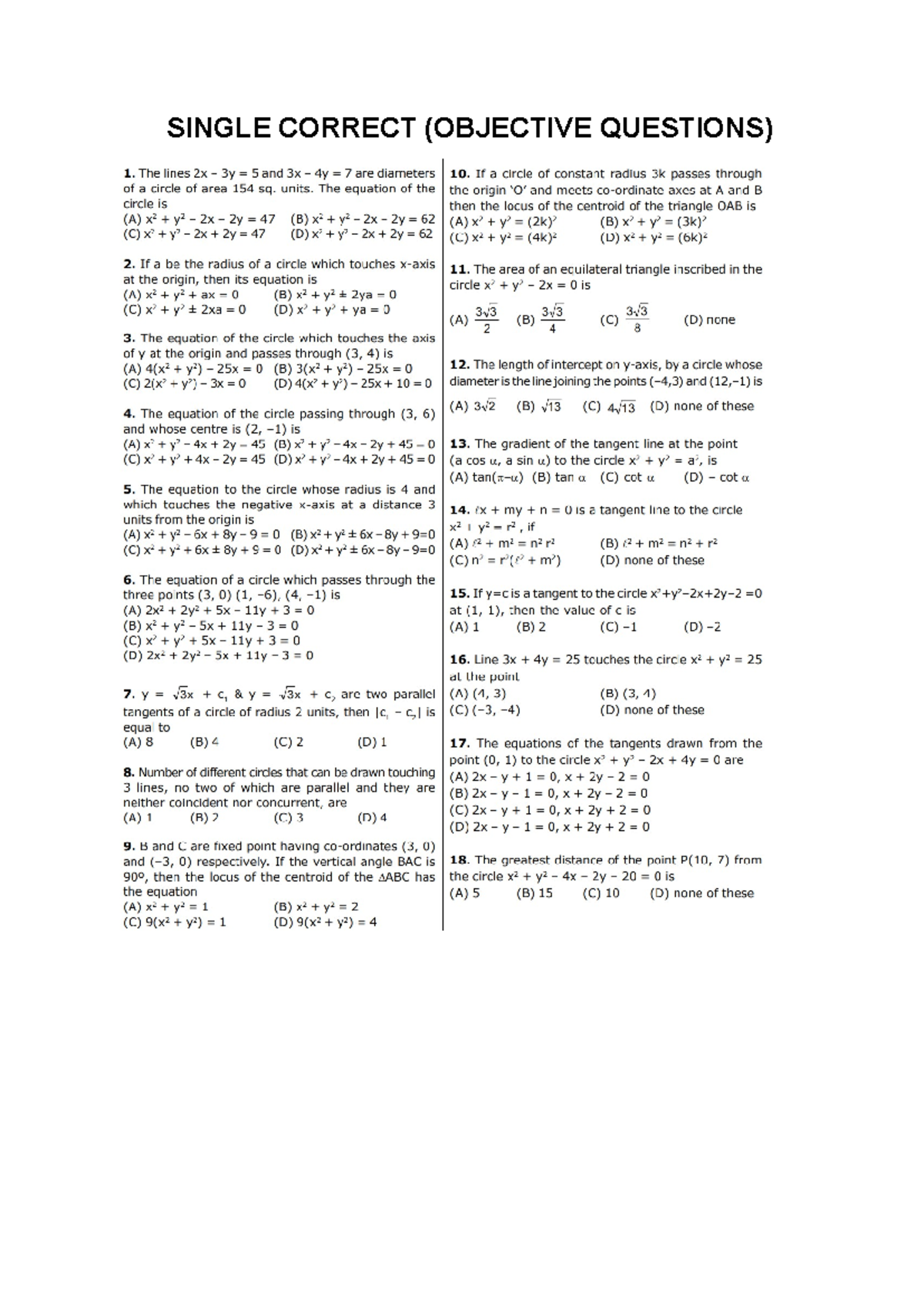 Circle CPP 1 - SINGLE CORRECT (OBJECTIVE QUESTIONS) 1. The lines 2x 3y ...