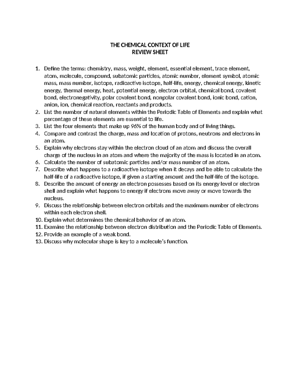 CHEM 101: The Chemical Context of Life Review Sheet - Studocu