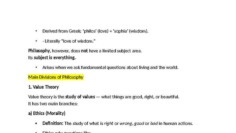 Phil101 - Overview of Philosophy: Value Theory, Logic, and Ethics - Studocu