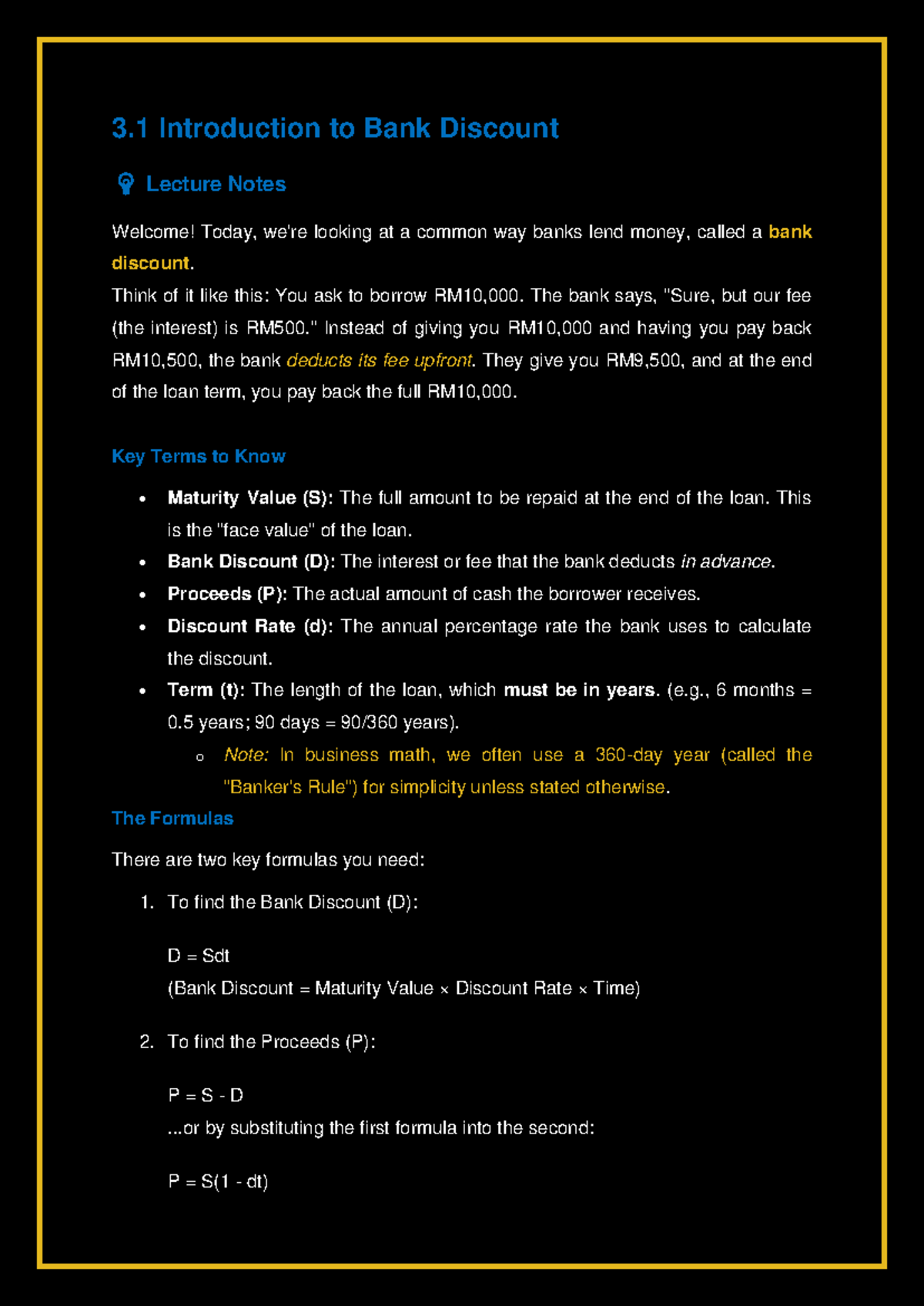 3.1 Bank Discount & Promissory Notes Lecture Notes (Course Code: 3 ...