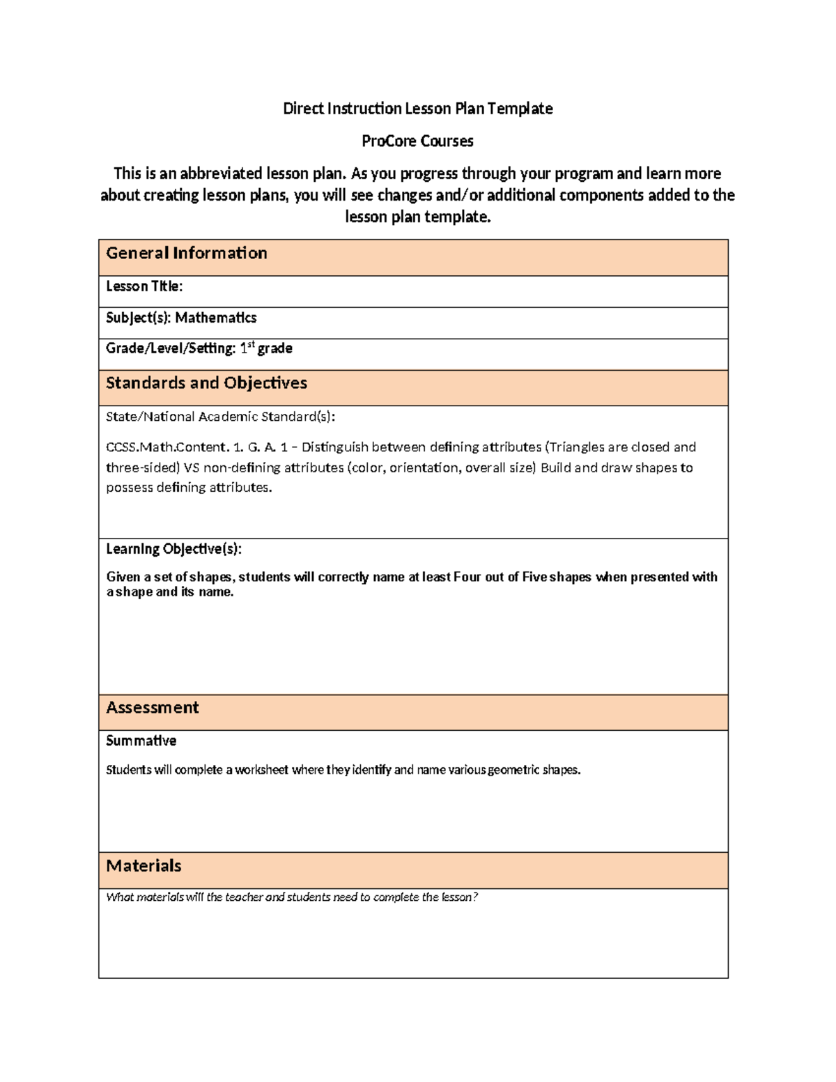 Lesson Plan D659 - Summary of 1st Grade Math Lesson on Shapes - Studocu