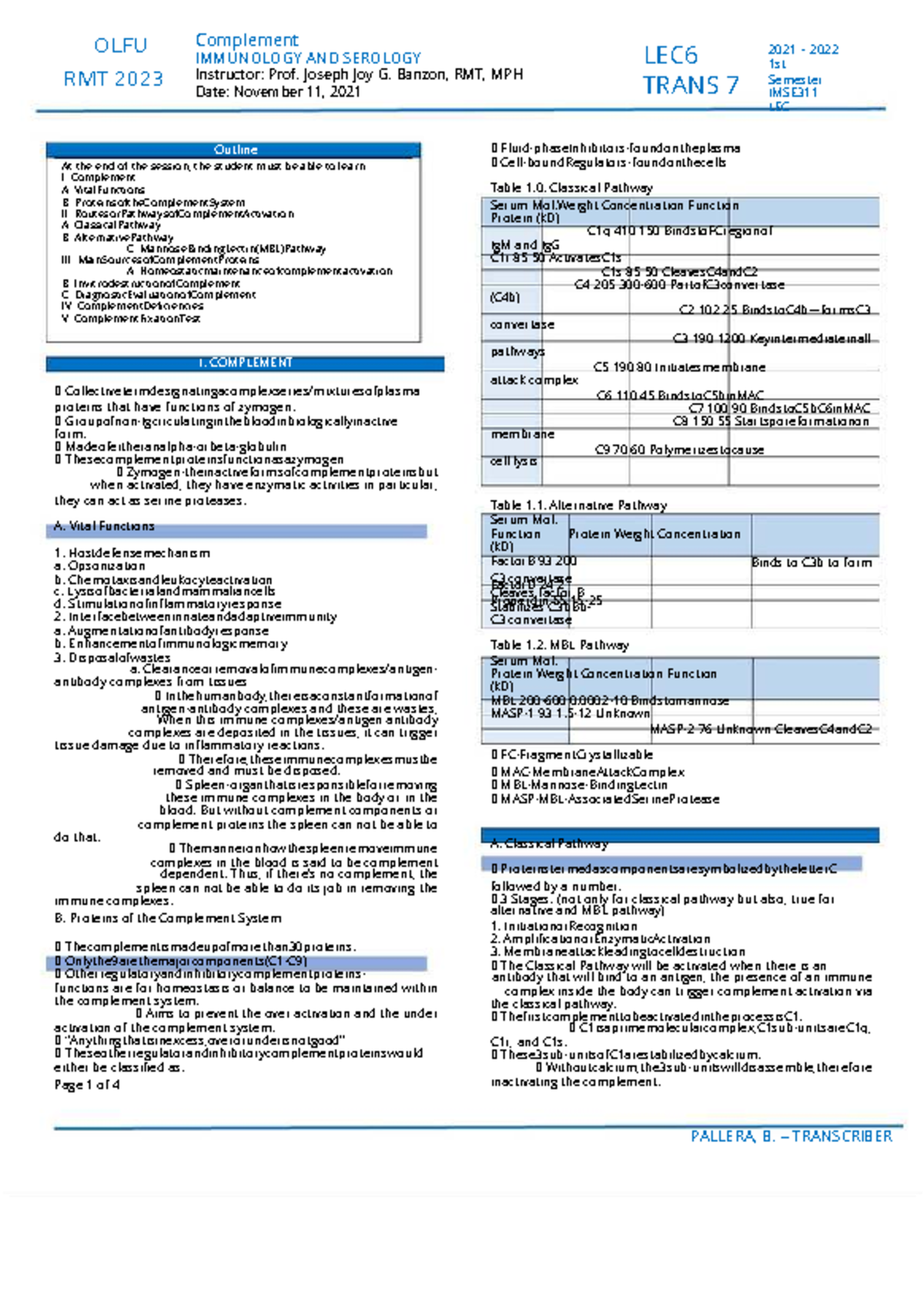OLFU RMT 2023 Final Exam Notes on Complement & Cytokines - Studocu