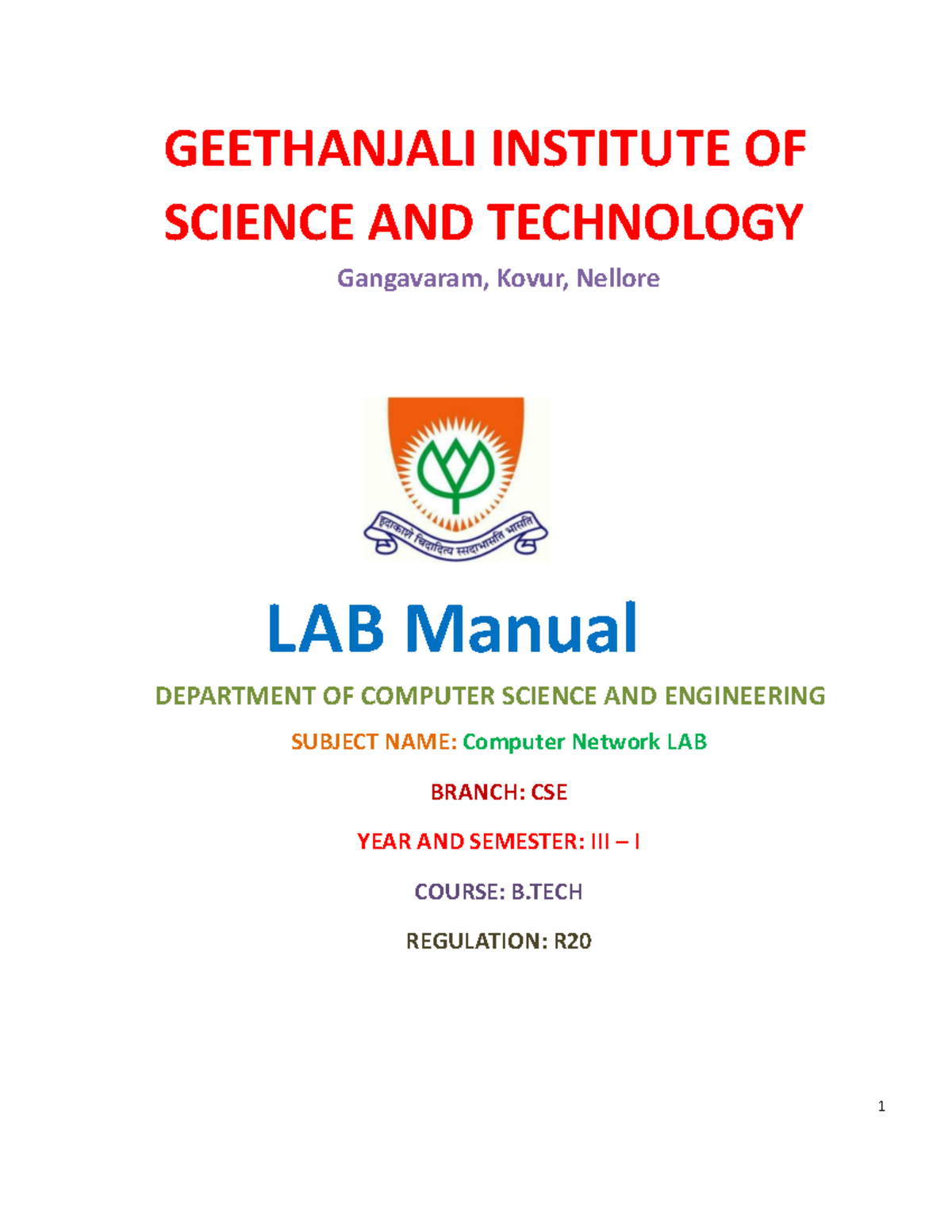 Computer Networks Lab - Good Material - GEETHANJALI INSTITUTE OF ...