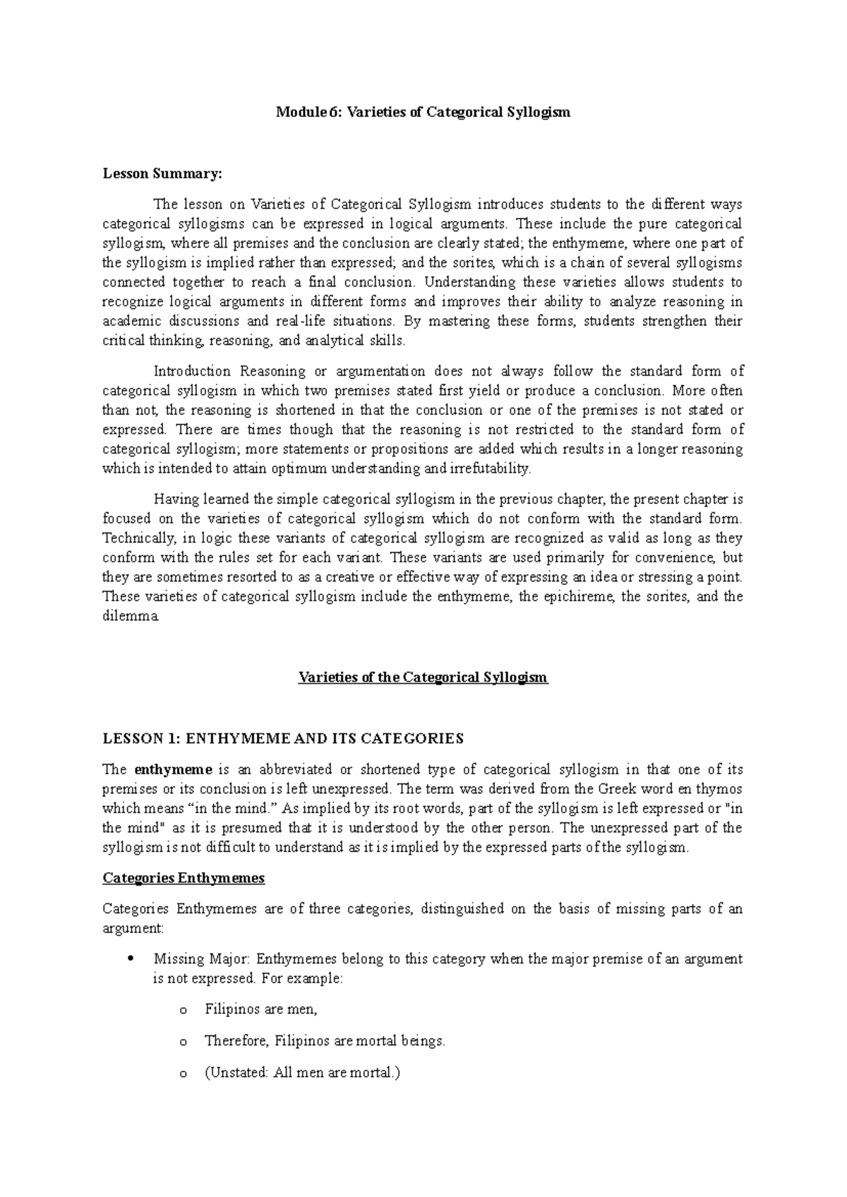 Module 6: Varieties of Categorical Syllogism Lesson Overview - Studocu