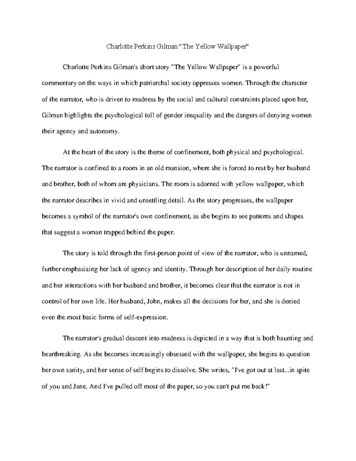 Analyzing Patriarchal Oppression in Gilman's "The Yellow Wallpaper ...