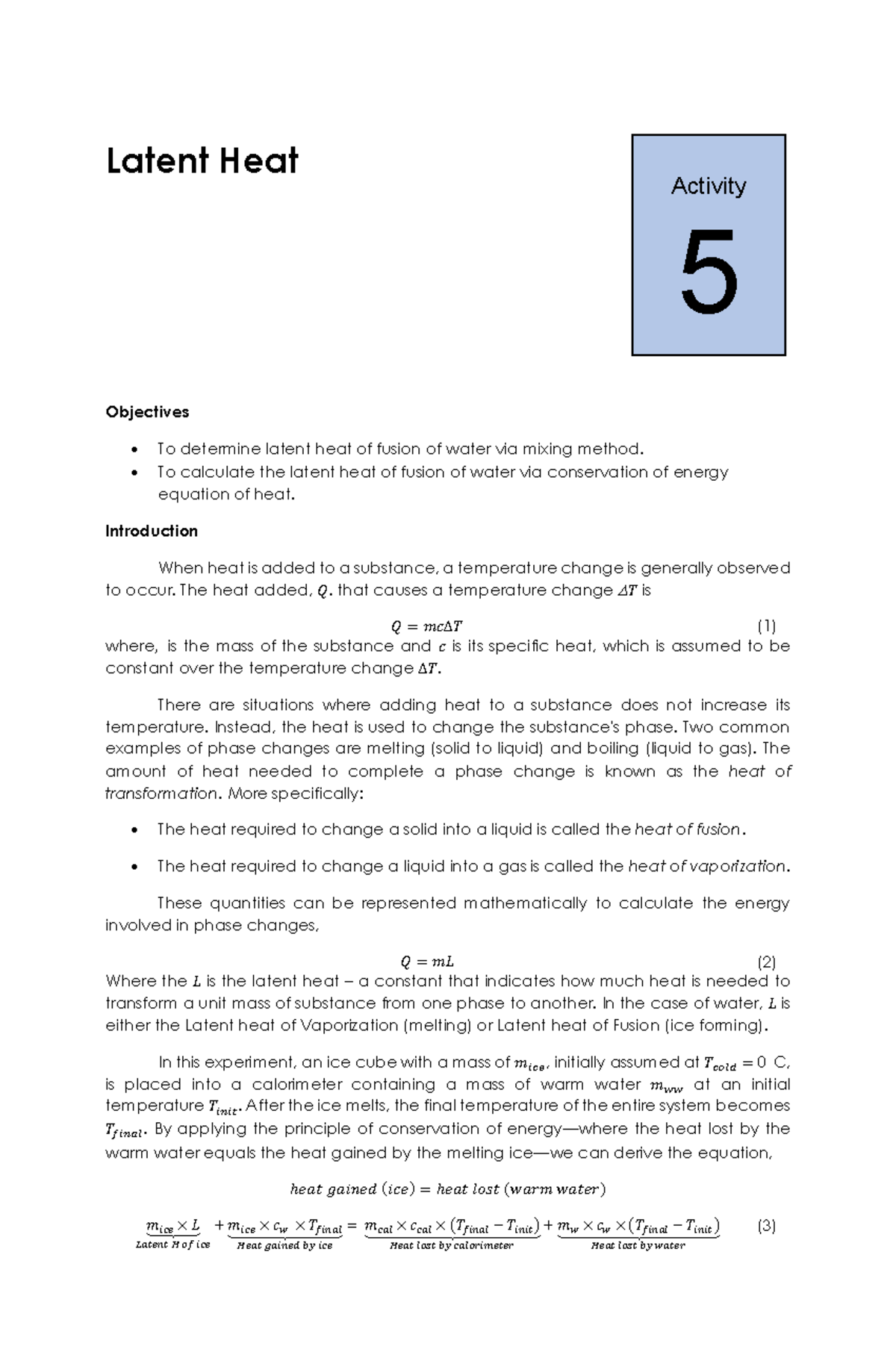Physics AS6: Latent Heat of Fusion of Water - Activity 5 Report - Studocu