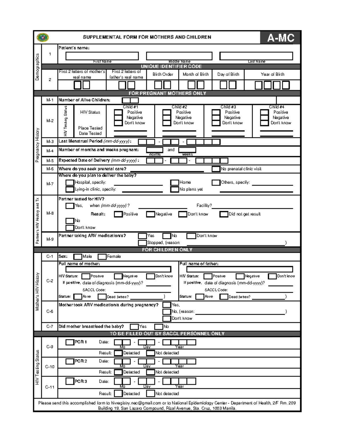 Department of Health Supplemental Form A-MC for Mothers & Children ...