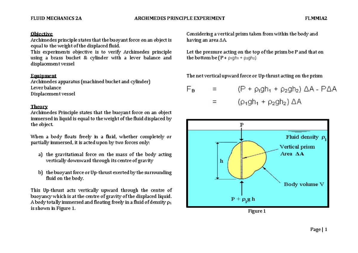 FLMMIA2 Archimedes Principle Experiment Guide for Fluid Mechanics 2A ...