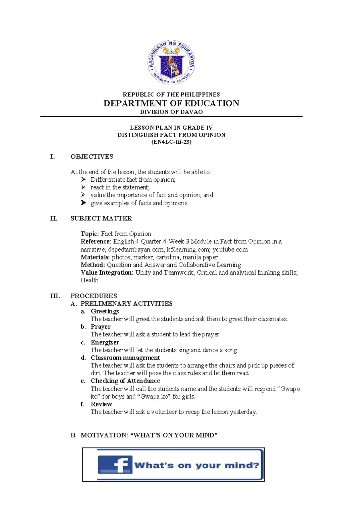Grade 4 Lesson Plan: Distinguishing Fact from Opinion (EN4LC-Iii-23 ...