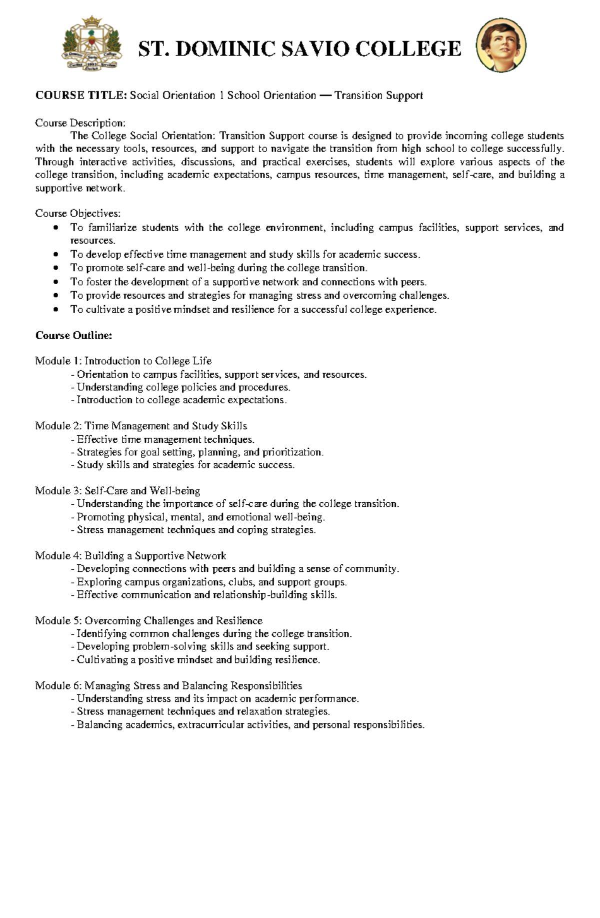 Social Orientation 1-8 Course Outline: Transition & Engagement ...