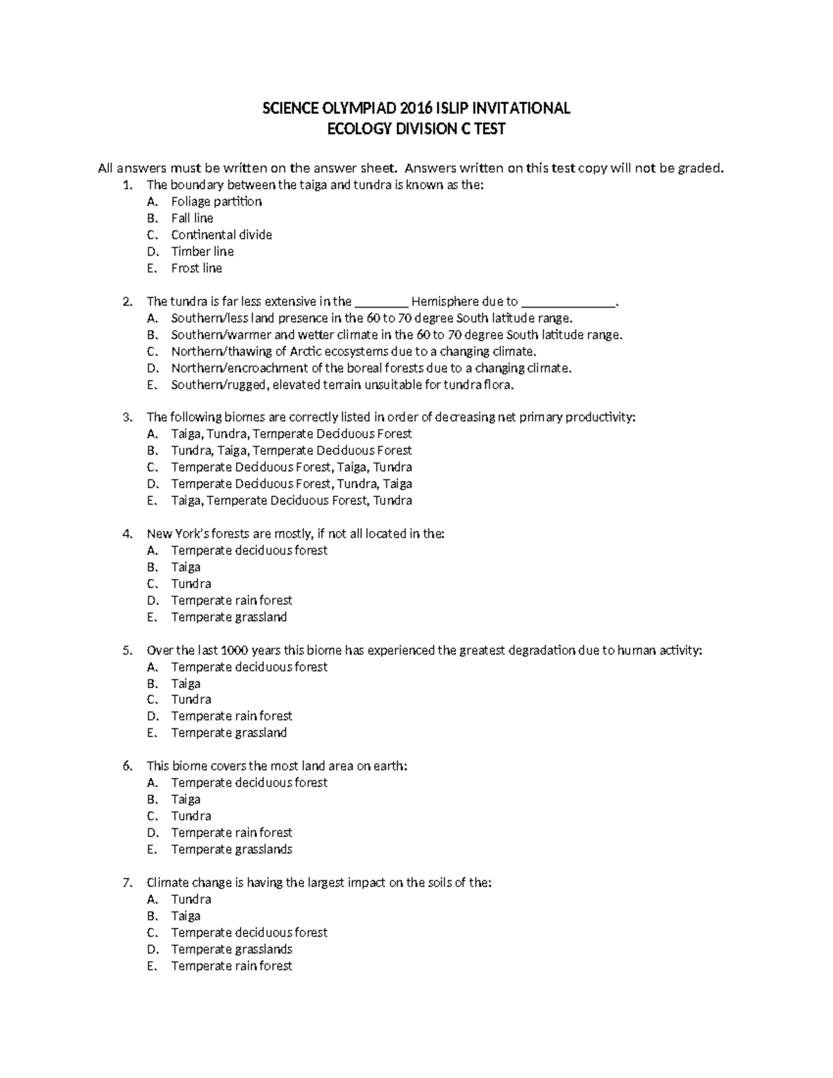 Ecology Division C Test - Science Olympiad 2016 Islip Invitational ...