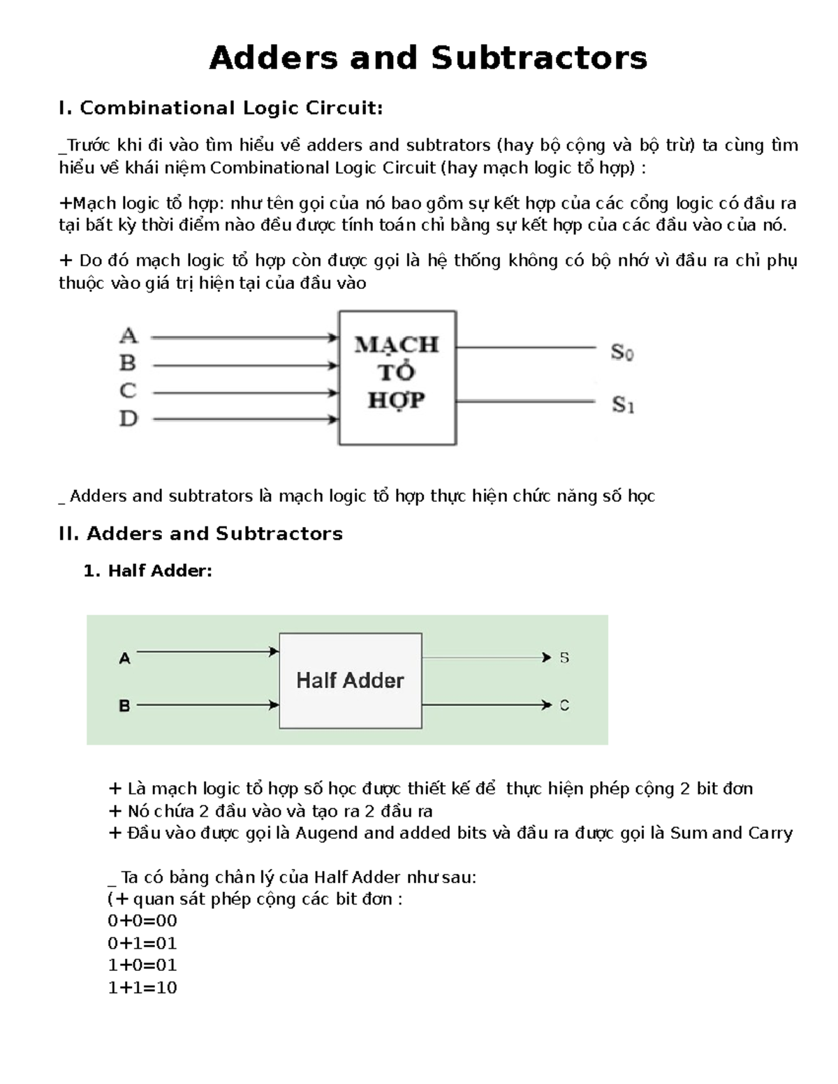 Adders & Subtractors - Combinational Logic Circuit Overview - Studocu
