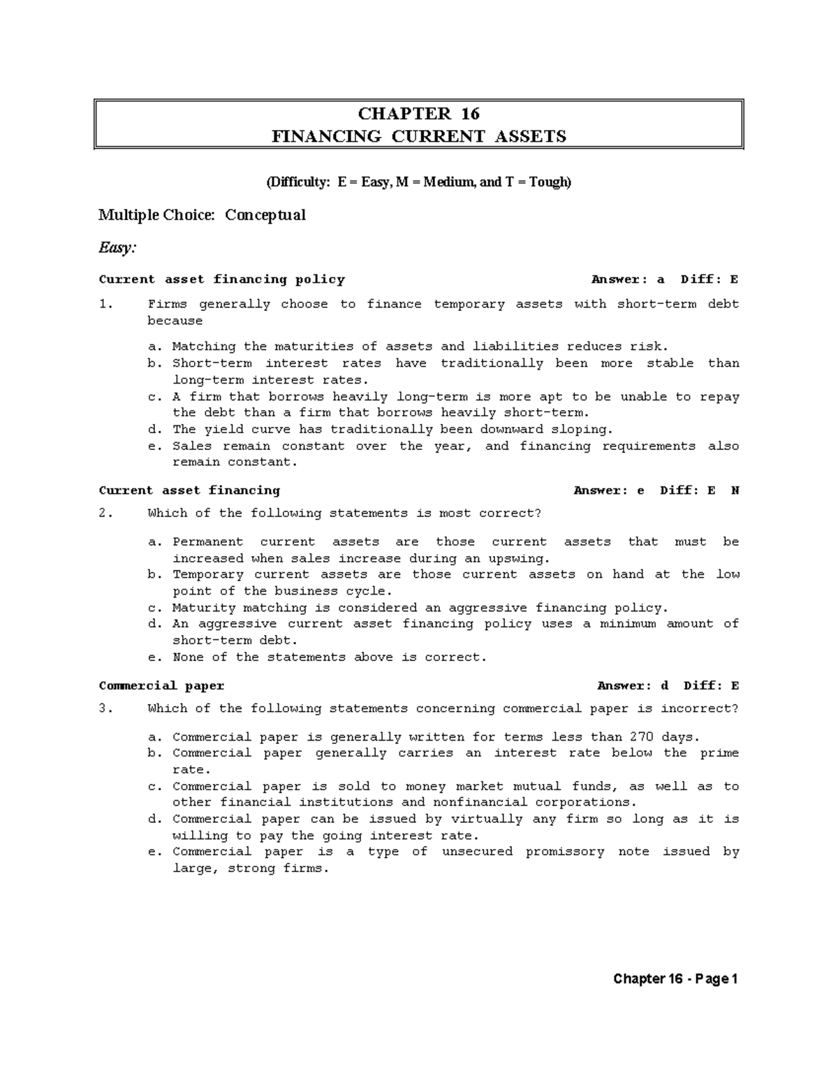 TB Chapter 16: Financing Current Assets - Easy, Medium, Tough Questions ...