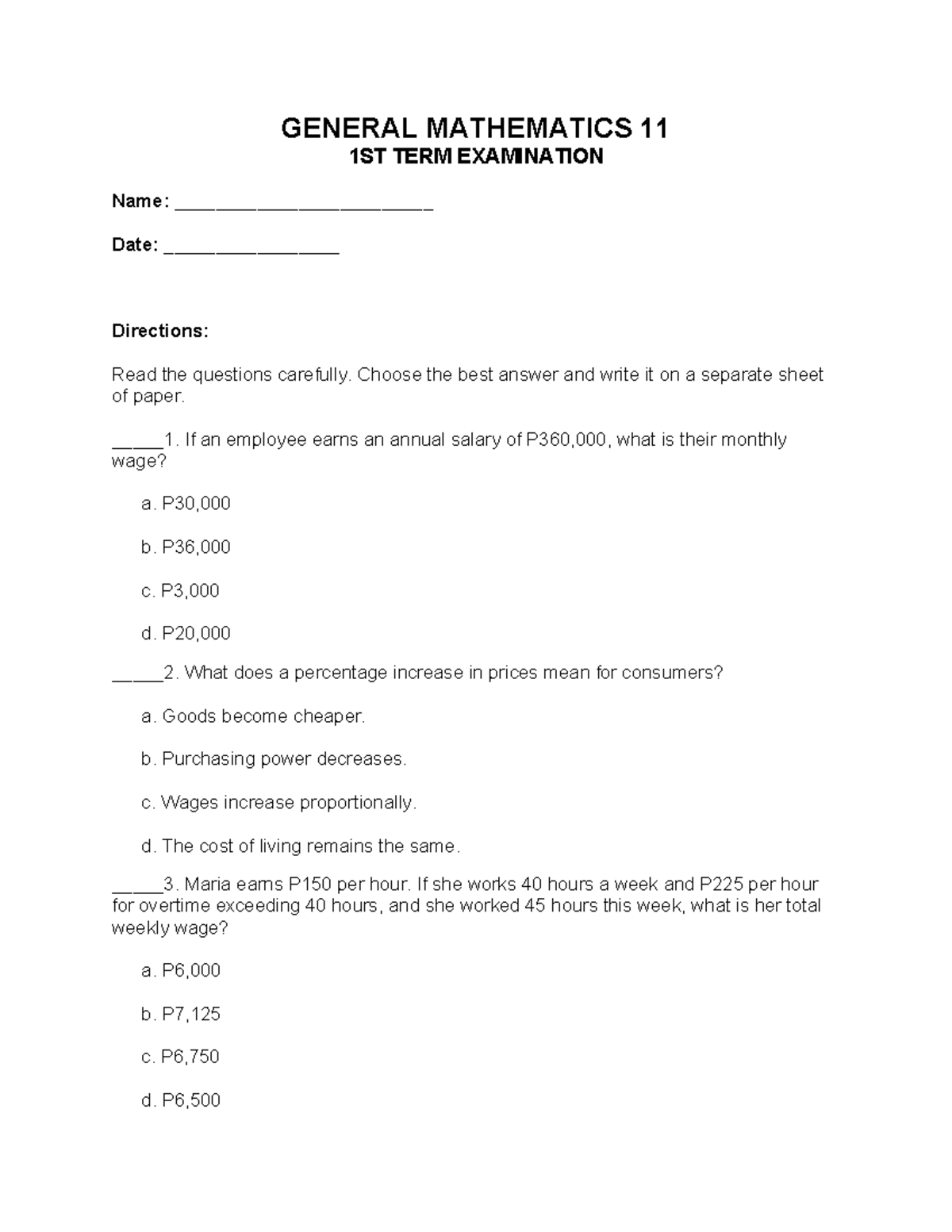 [G11] General Mathematics 1st Term Exam Review Questions - Studocu
