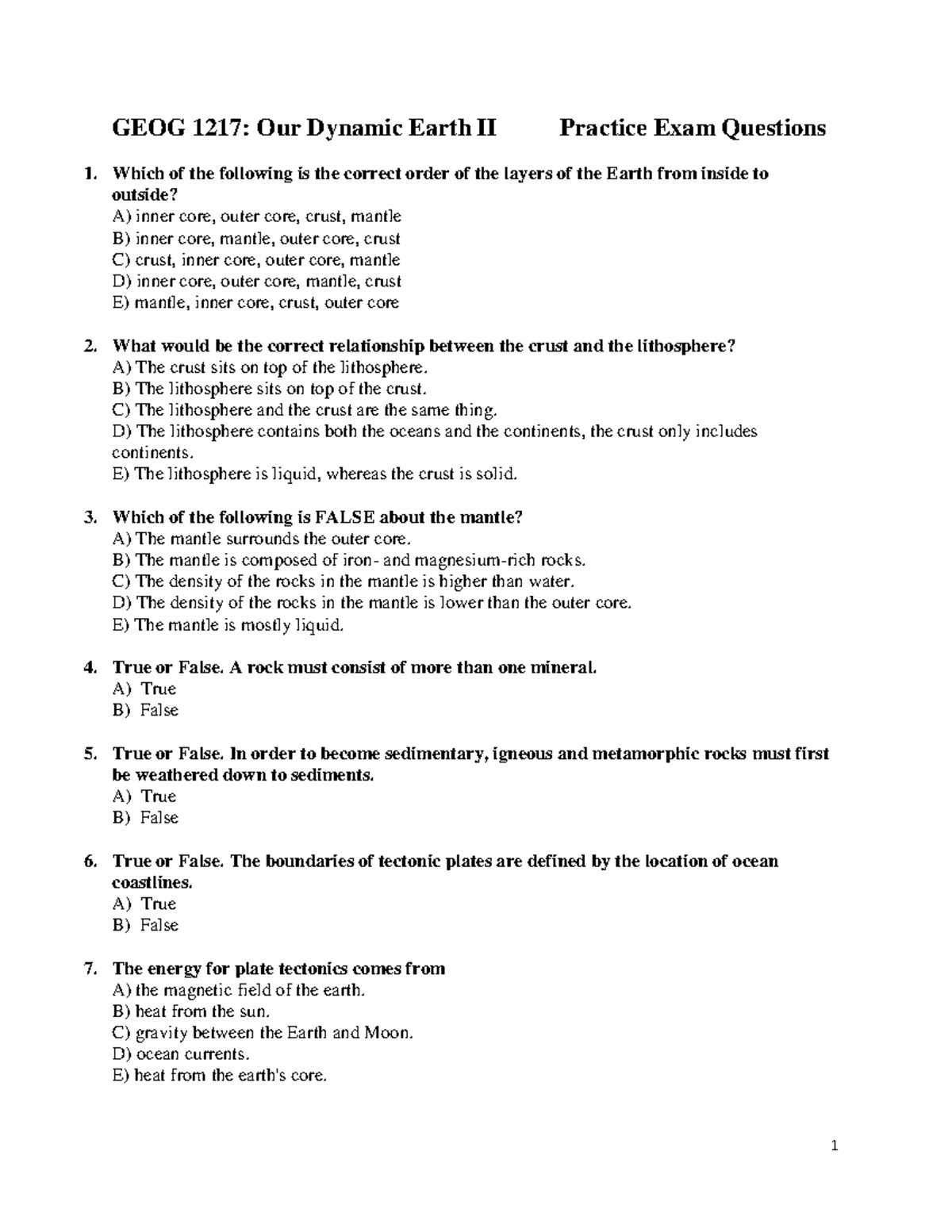 Practice Questions - Professor Kuzera - GEOG 1217: Our Dynamic Earth II ...