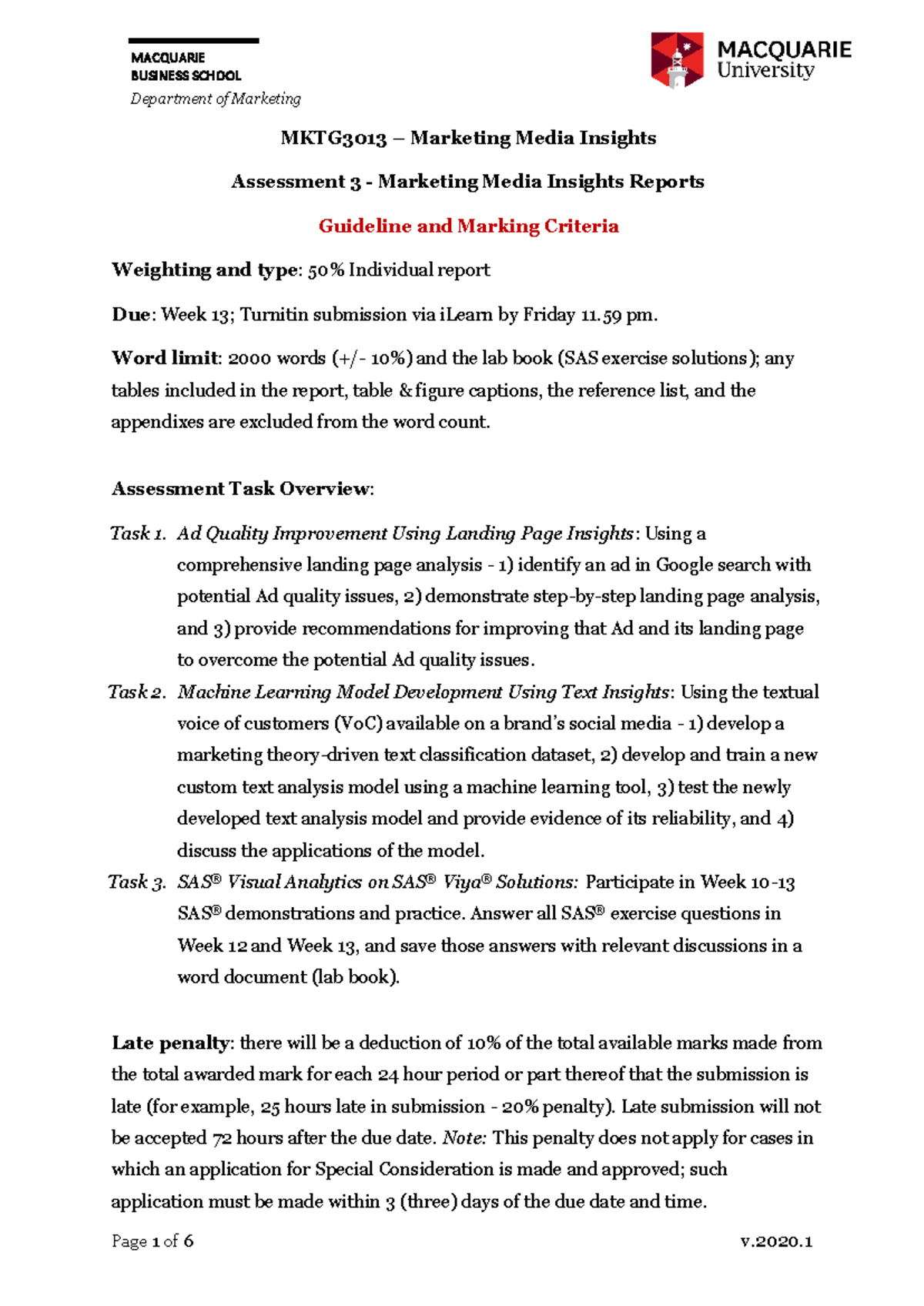 MKTG3013-Assessment 3-Details - BUSINESS SCHOOL Department of Marketing ...