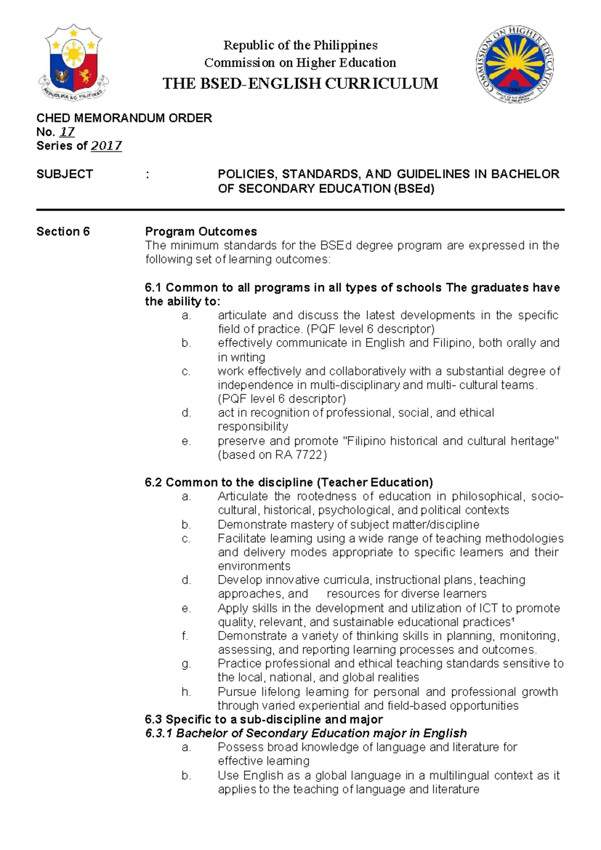 BSEd English Curriculum: CHED Memo Order No. 17, 2017 Standards - Studocu