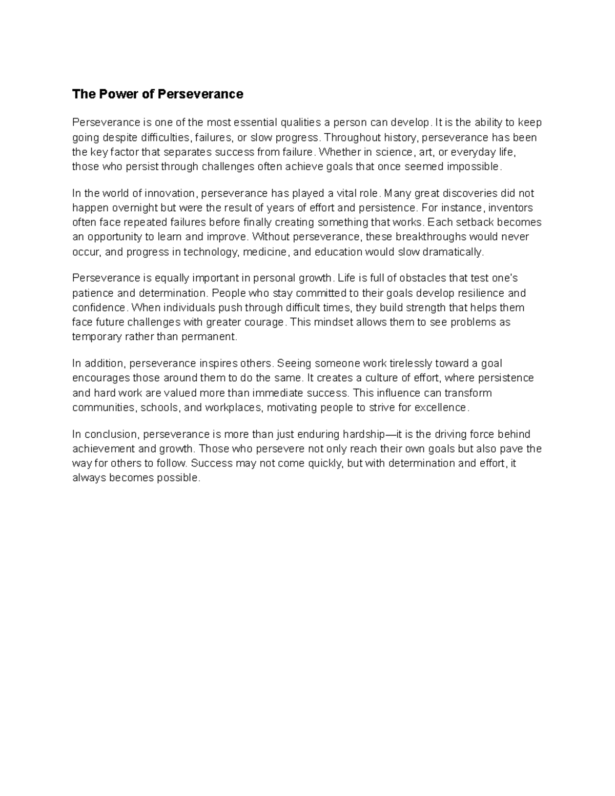 Essay 1: The Vital Role of Perseverance in Life - Studocu