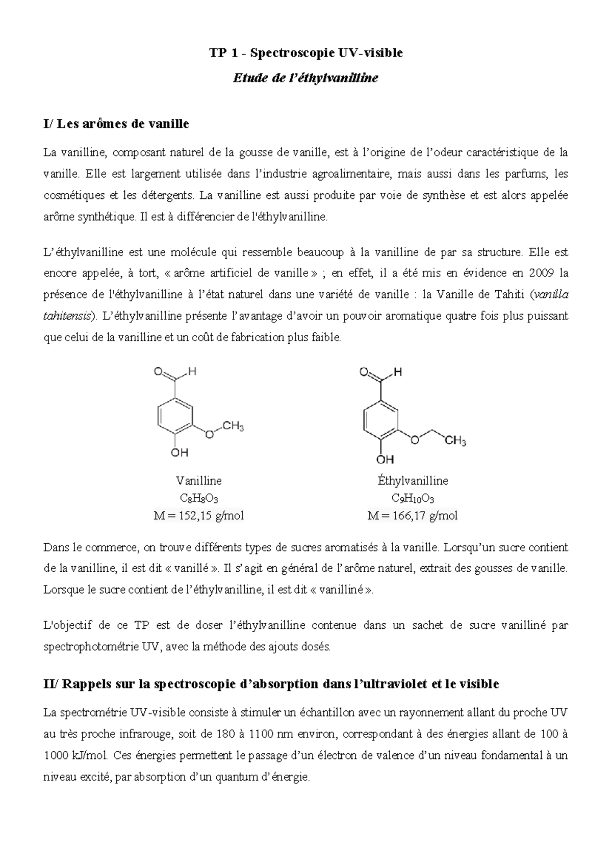 TP 1 Spectroscopie : Analyse des Arômes de Vanille et Éthylvanilline ...