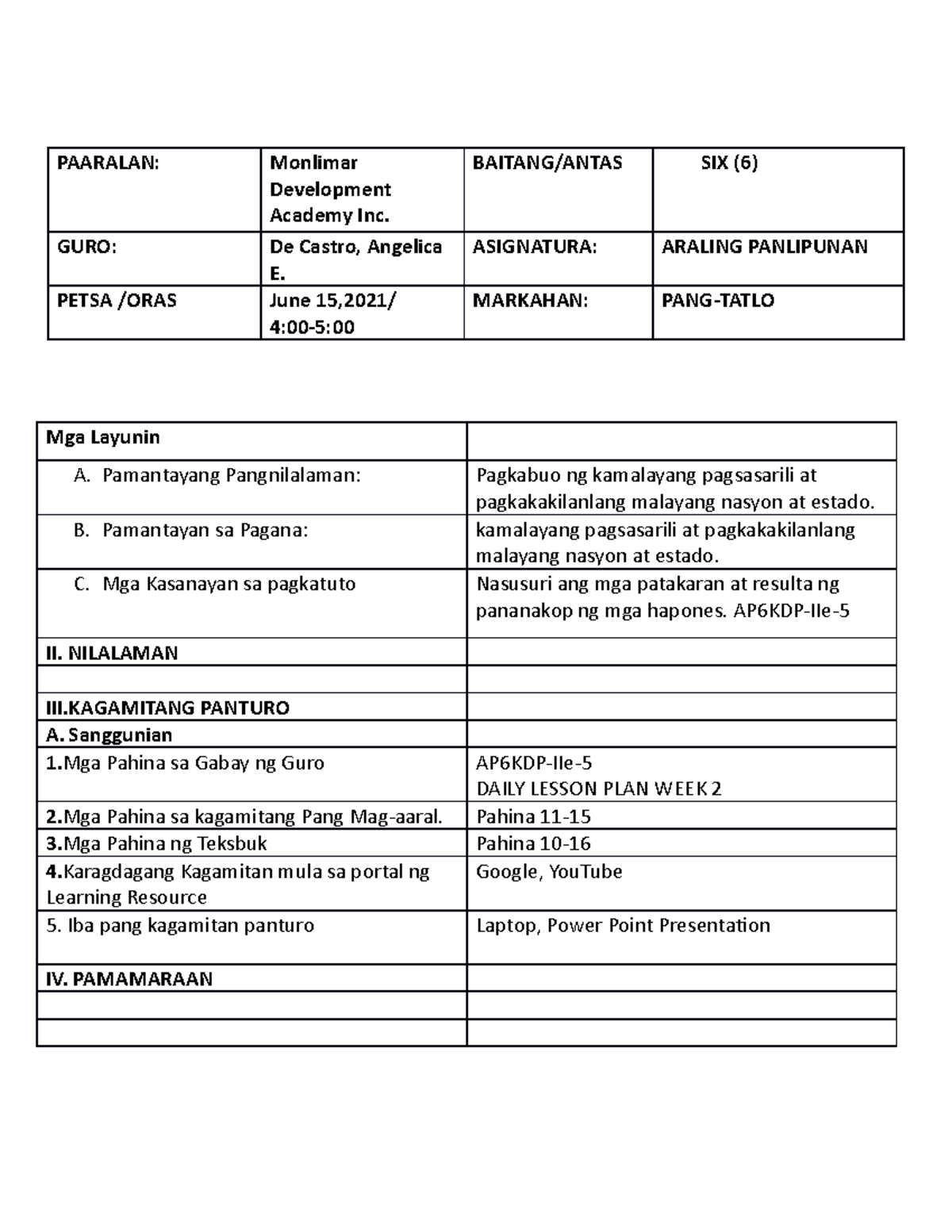 Final Detailed Lesson PLAN- Araling Panlipunan - PAARALAN: Monlimar ...