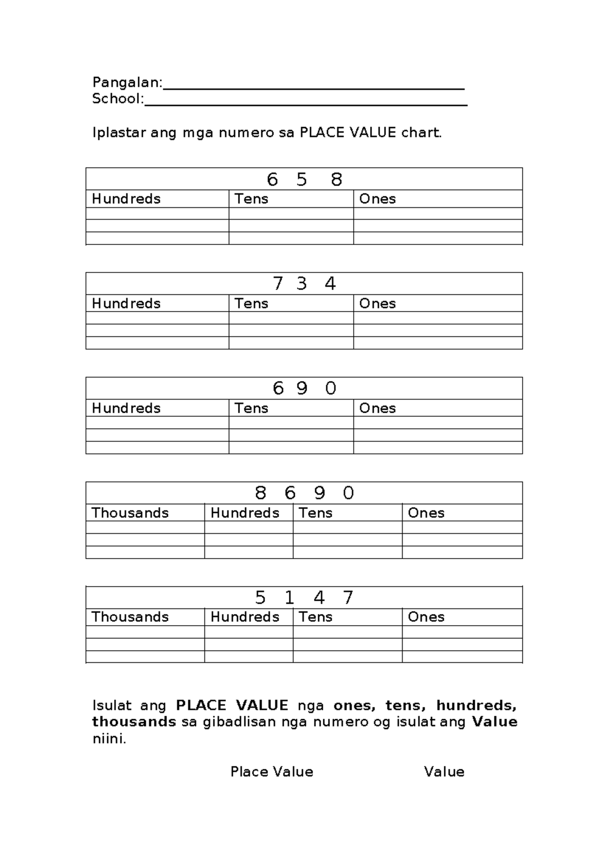 Place Value Exercise: Identifying Ones, Tens, Hundreds, Thousands - Studocu