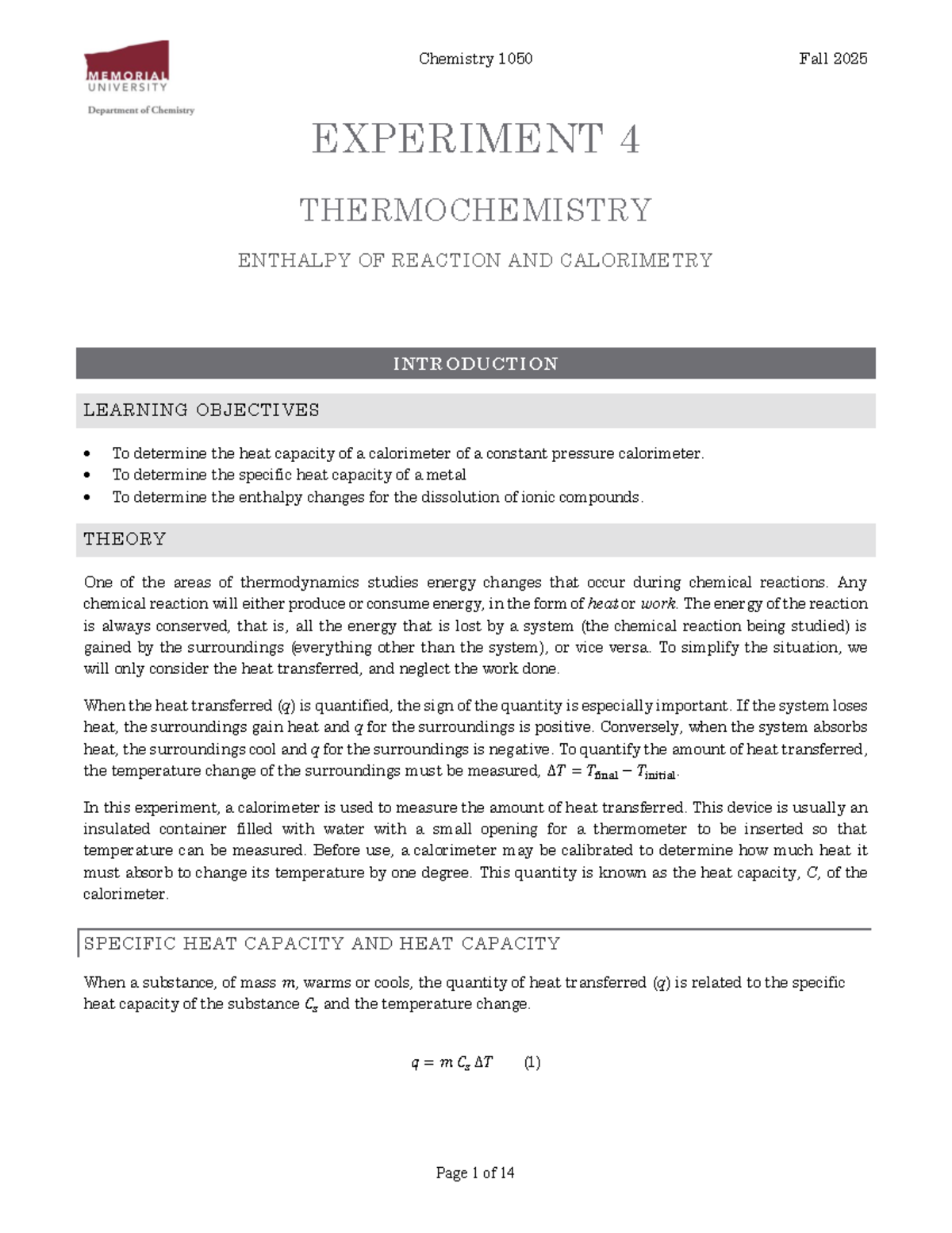Chemistry 1050 Fall 2025 Lab Experiment 4: Thermochemistry Analysis ...