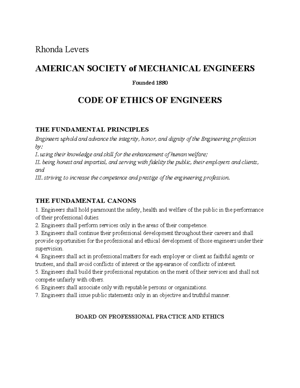 ENGR 101: Code of Ethics for Engineers - Principles & Canons - Studocu