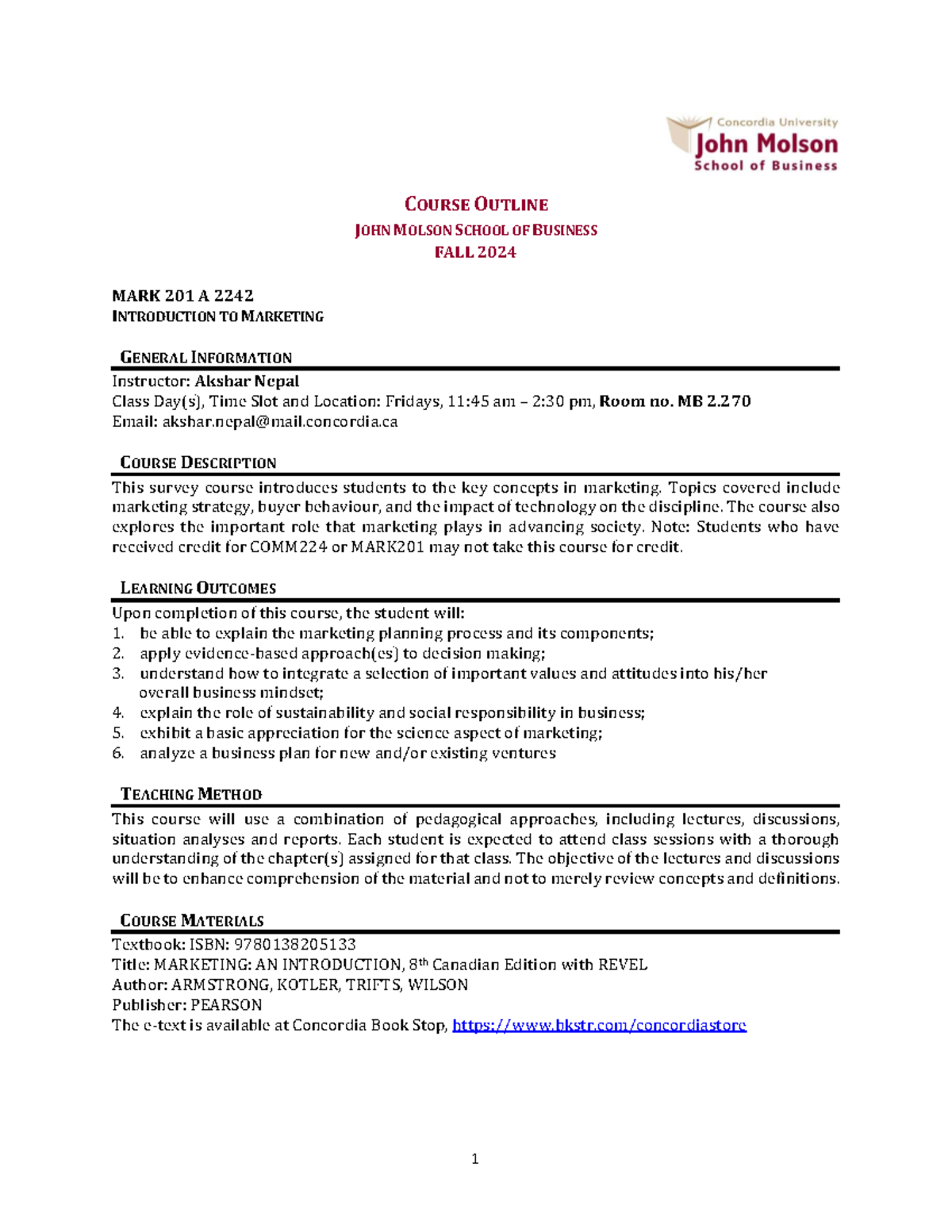 MARK 201 A 2242 Introduction to Marketing Course Outline - Fall 2024 ...