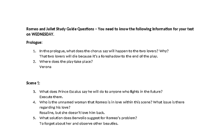 Comp Romeo and Juliet Test Review: Key Questions & Insights - Studocu