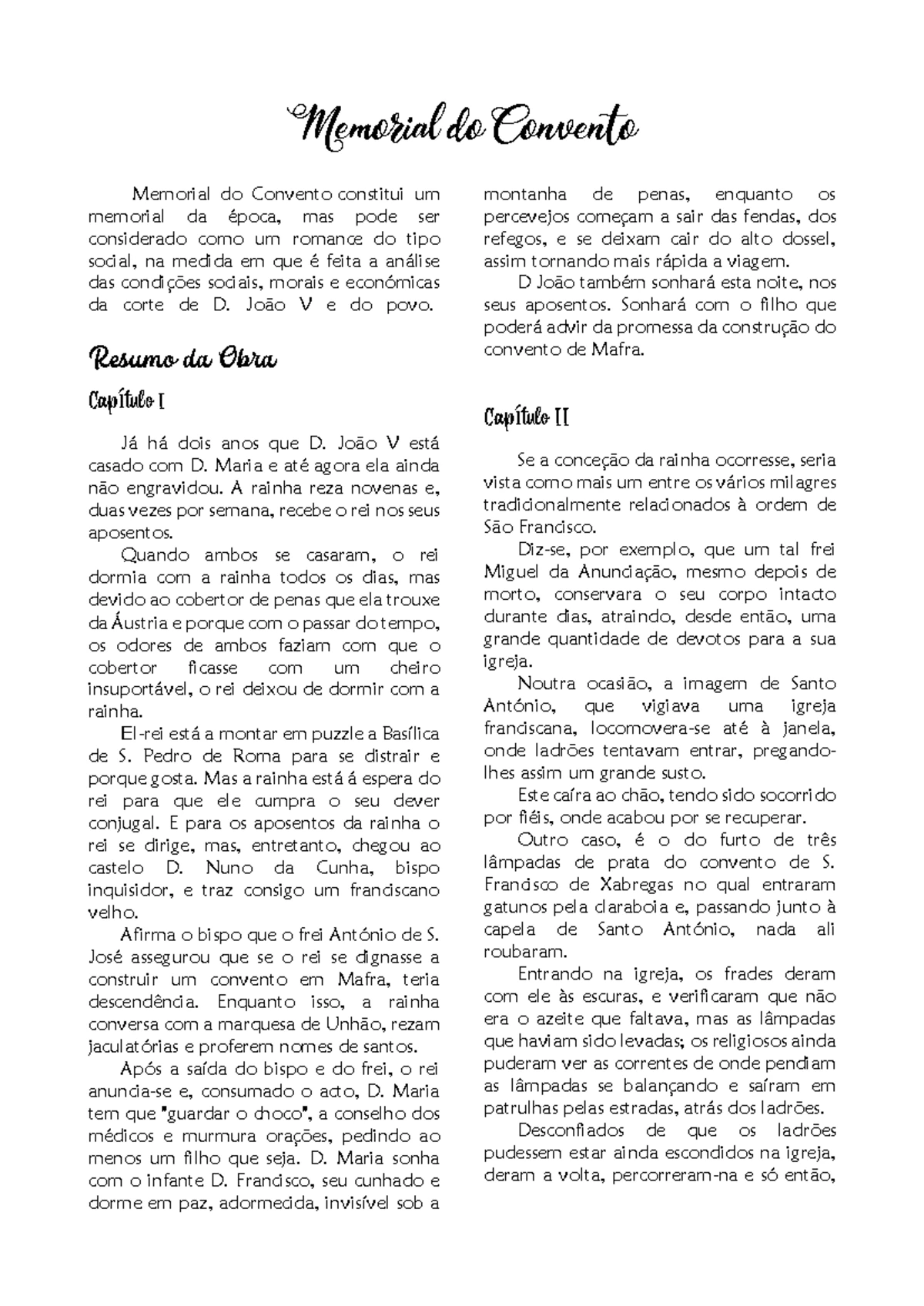 1 Memorial DO Convento Resumido POR Capítulos - Memorial do Convento ...