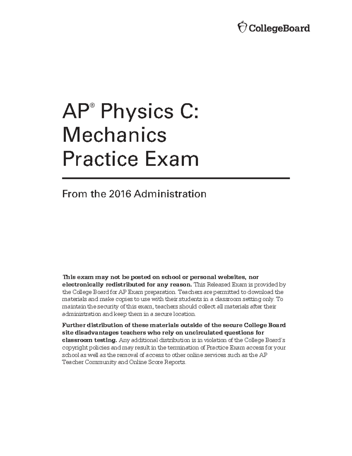 AP Mechanics 2016 - physics - AP ® Physics C: Mechanics Practice Exam ...