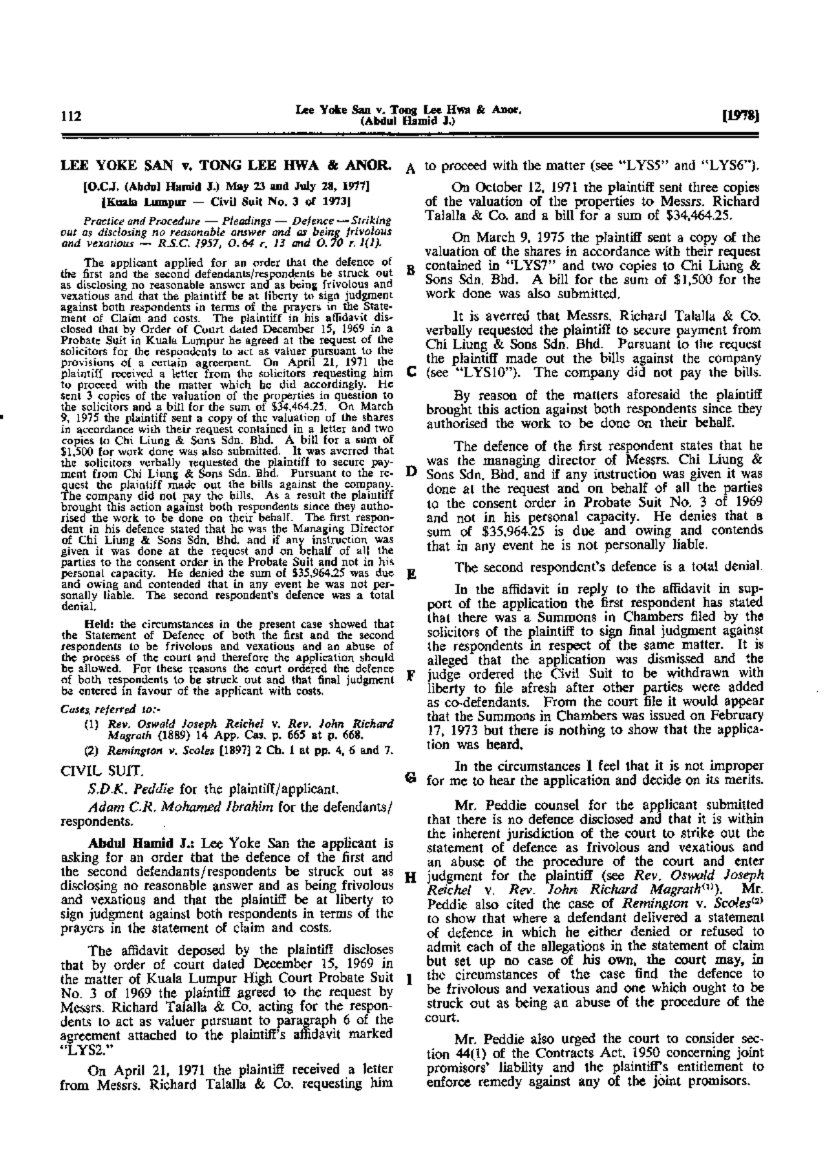 Civil Suit No. 3: Lee Yoke San vs. Tong Lee Hwa & Anor - Striking Out ...