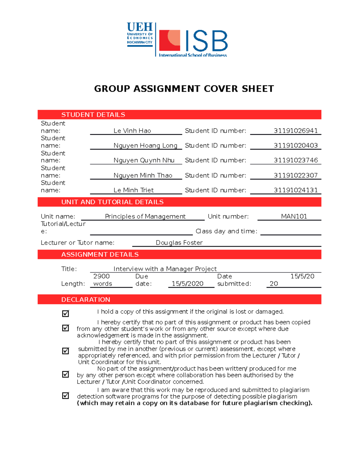 Interview with a manager report - GROUP ASSIGNMENT COVER SHEET STUDENT ...