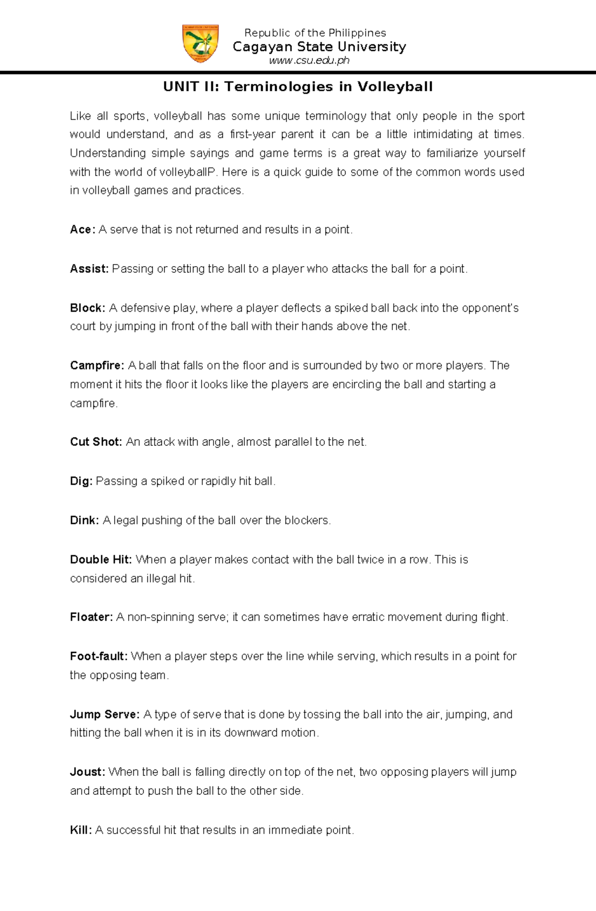 PE 14 - Key Volleyball Terminologies for Beginners - Studocu
