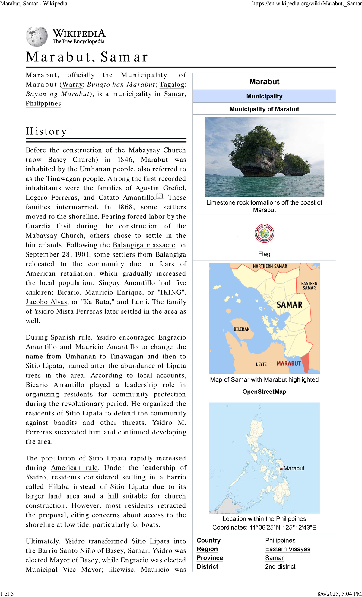 Marabut, Samar: Historical Overview and Geographic Insights - Studocu