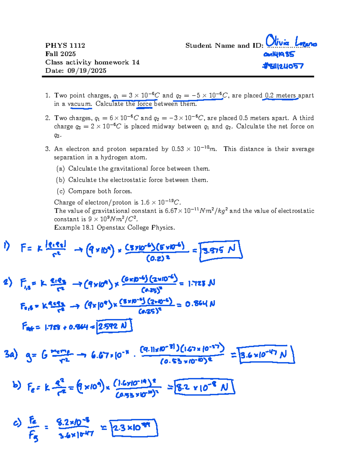PHYS 1112 Fall 2025 Homework 14: Charge Forces Calculations - Studocu
