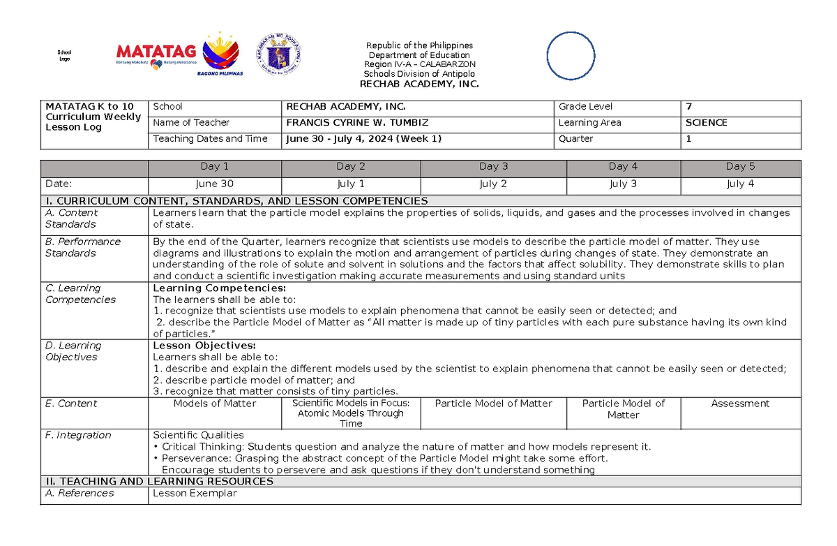 DLL G7 Science Q1 Week 1 - Particle Model of Matter Lesson Plan - Studocu
