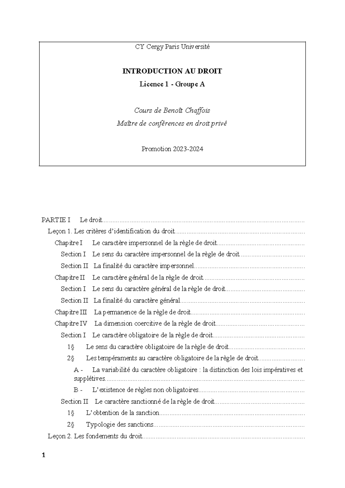 CM PLAN Introduction AU Droit 2023 2024 - CY Cergy Paris Université INTRODUCTION AU DROIT ...