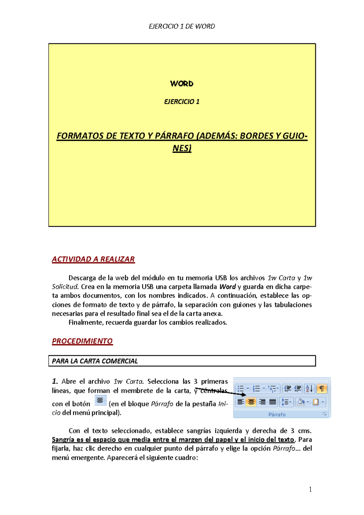 Formatos de Texto y Párrafo en Word: Ejercicio 1 (DOC-Word) - Studocu