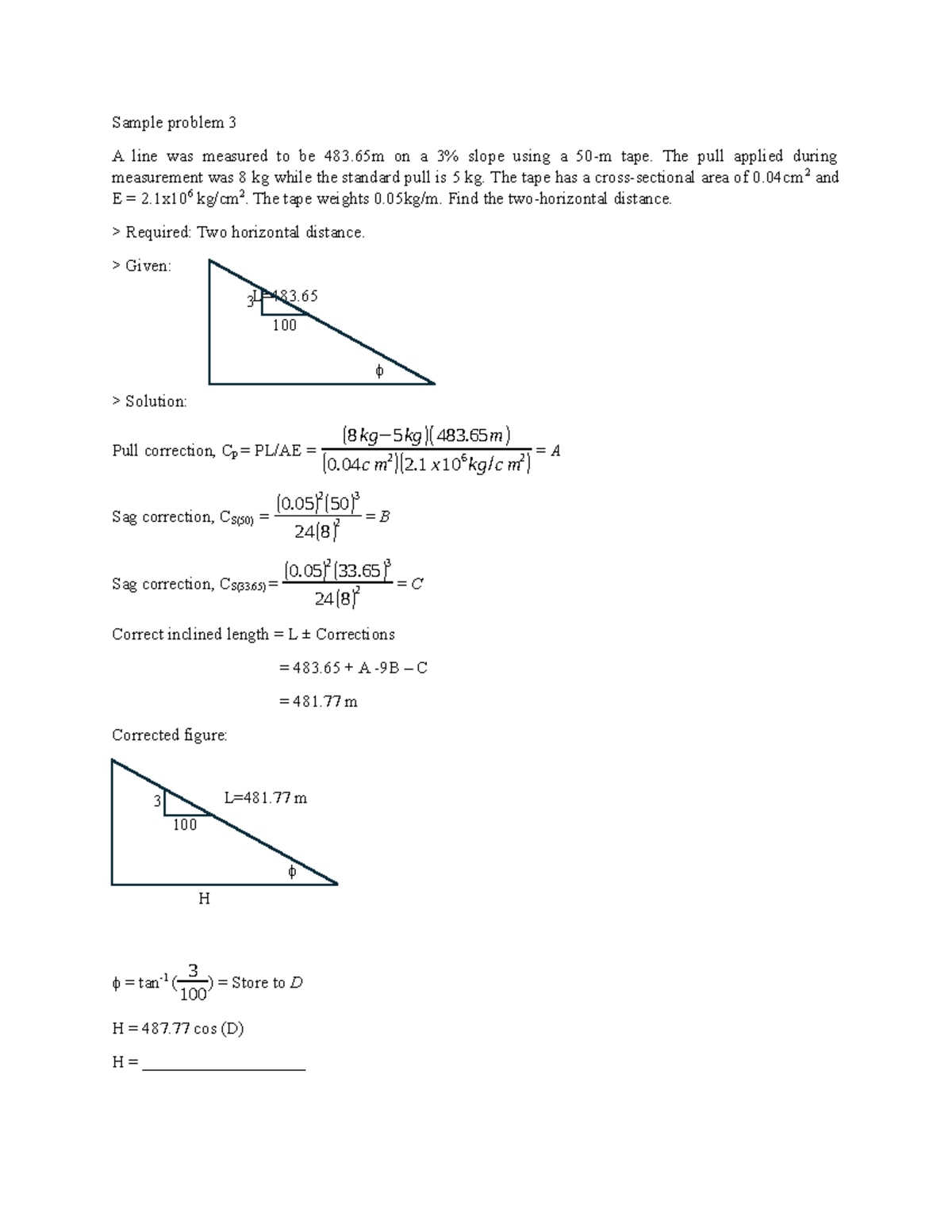 Sample problem 3 - trigo and pull correction (surveying) - 3 100 L=481 ...