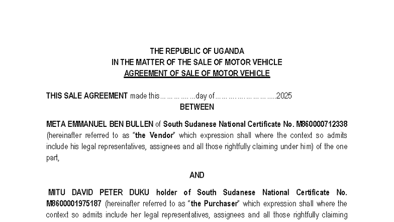 MV Sale Agreement: Meta Emmanuel & Mitu David Peter Duku - Studocu