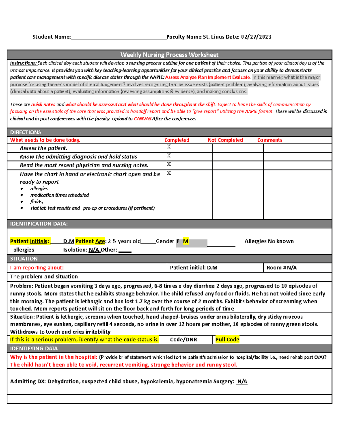 NPW Week 1 Clinical: Nursing Process Worksheet for Pediatric Care - Studocu