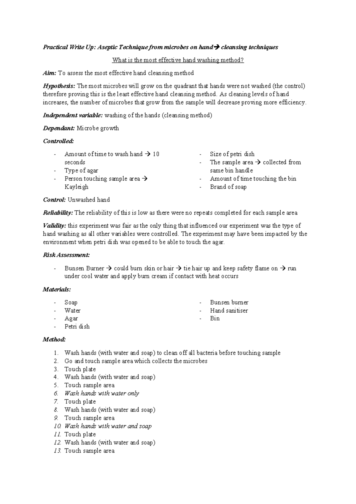 Practical Write Up: Aseptic Technique in Hand Cleansing Methods - Studocu