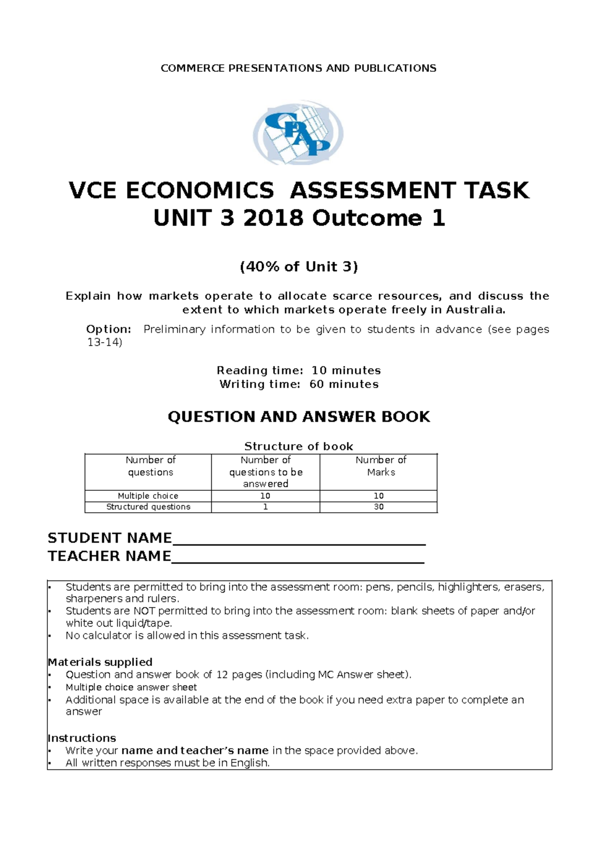 2018 VCE Economics Unit 3 Outcome 1 Assessment Task Guide - Studocu