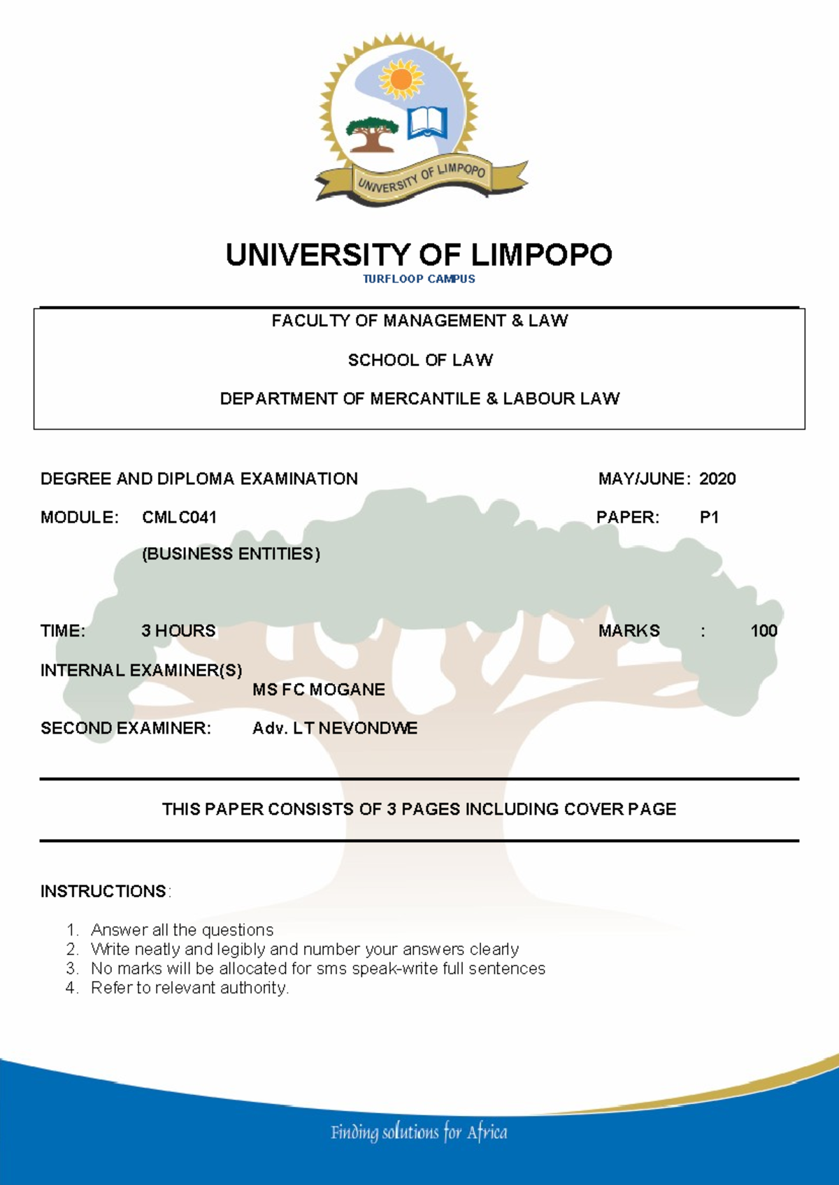 2020 Business Entities MAIN EXAM - UNIVERSITY OF LIMPOPO TURFLOOP ...