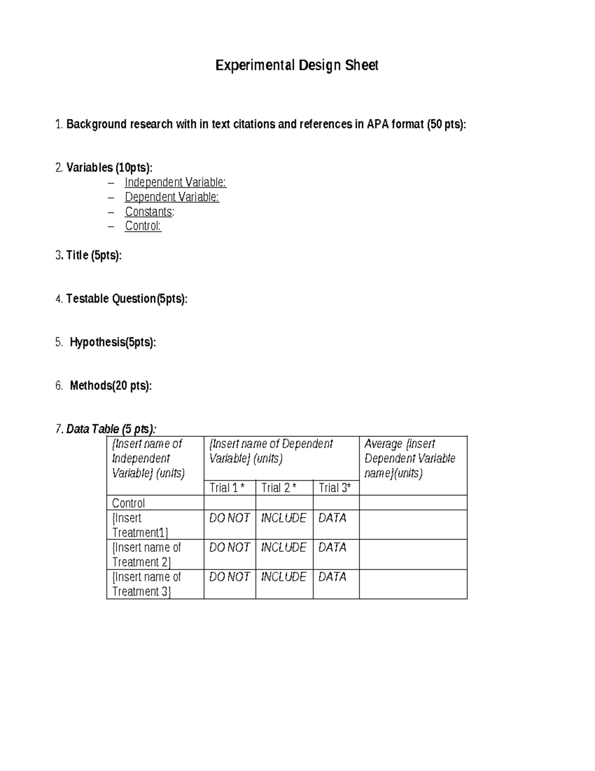 Experimental Design Sheet Oct - Experimental Design Sheet Background ...
