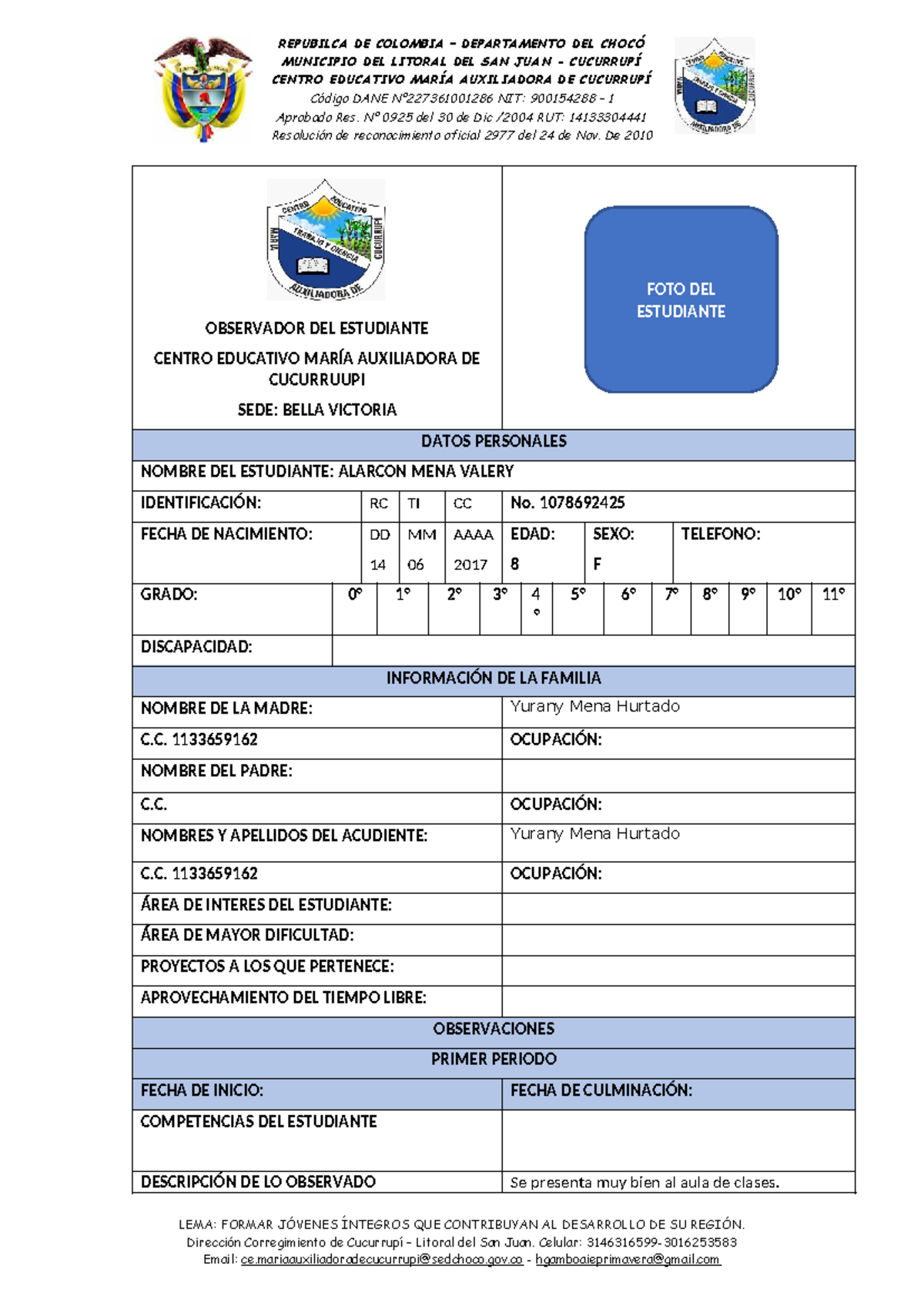 Formato Observador del Estudiante - Bella Victoria 2025 - Studocu