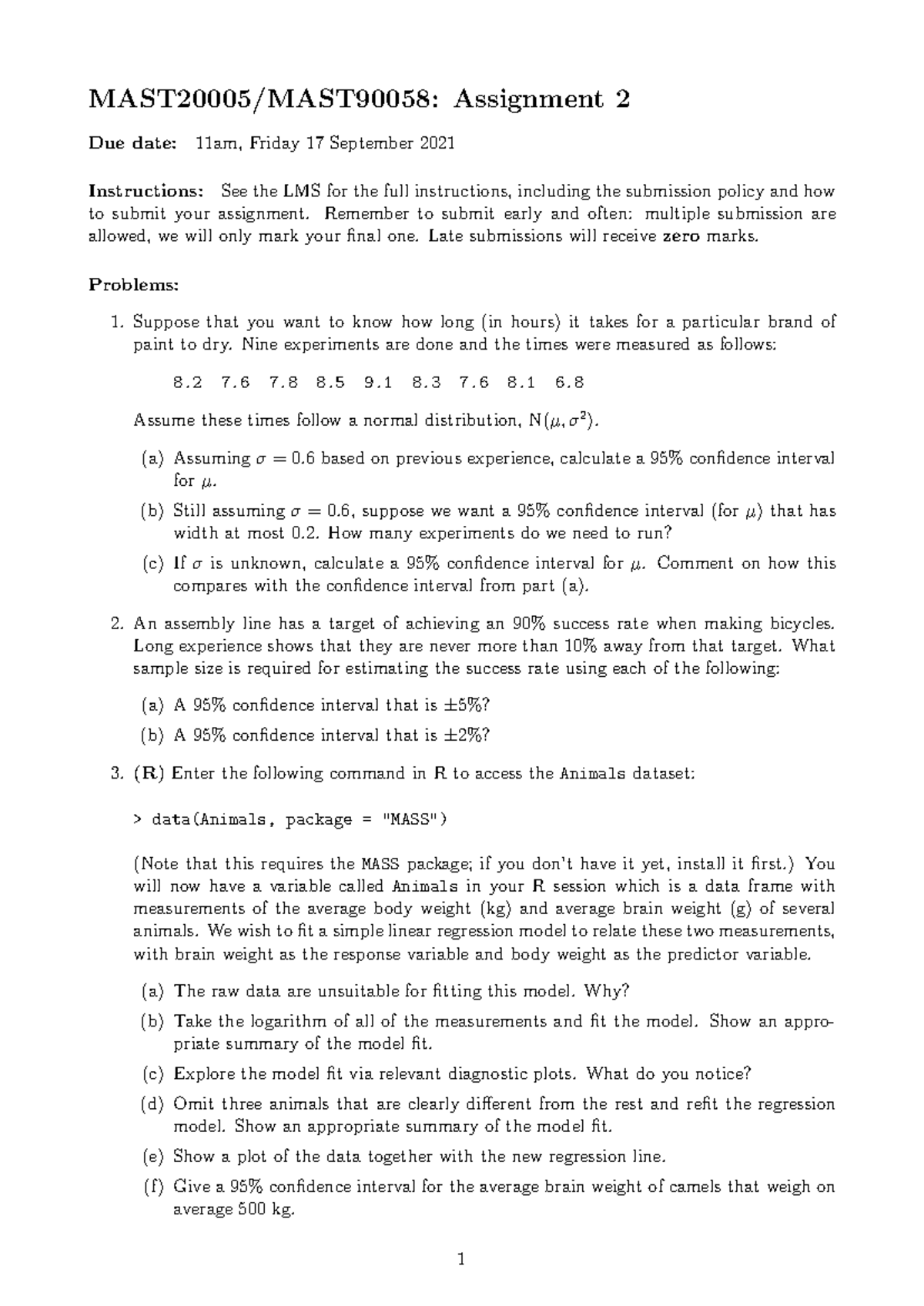 Statistics MAST20005 Assignment 2 Instructions and Problems Guide - Studocu