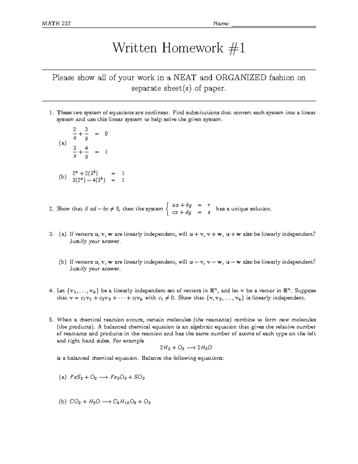 MATH 237 Written Homework 1: Practice Questions for Linear Algebra ...